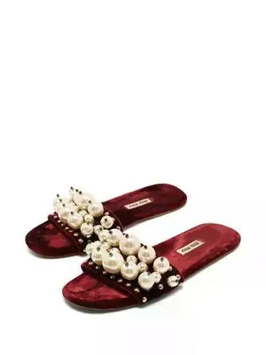 Miu Miu Embellished Velvet Slide Sandals - Red