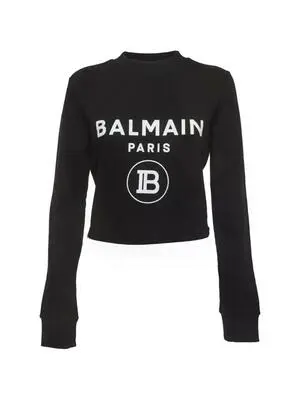 Balmain Cropped Logo Print Sweater - Black