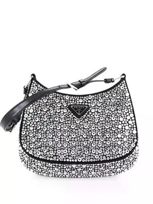 Prada Crystal Embellished Satin Shoulder Bag - Black