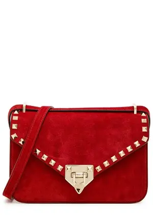 Valentino Garavani Rockstud Small Suede Shoulder Bag - Red