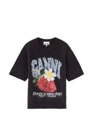 GANNI Black Brushed Texture Intarsia Knit Strawberry Motif Crew Neck Short Sleeve T-shirt - Multicolor