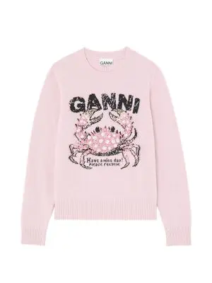 GANNI Pink Intarsia Knit Crewneck Sweater - Multicolor