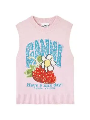 GANNI Pink Intarsia Knit Strawberry Motif Wool Vest - Multicolor