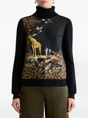 Etro Wool-blend Turtleneck Sweater With Placed Animal And Paisley Print