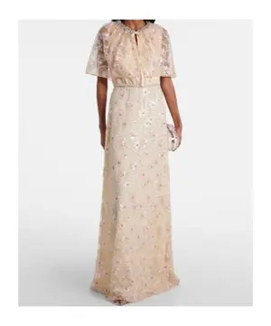 SELF-PORTRAIT Embellished Floral Cape Effect Maxi Dress - Nude