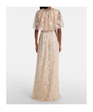 SELF-PORTRAIT Embellished Floral Cape Effect Maxi Dress - Nude