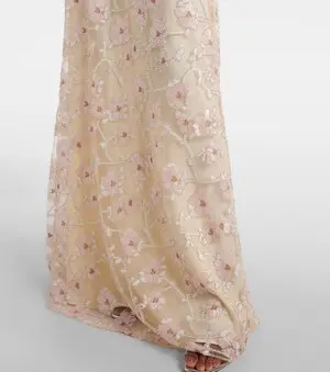 SELF-PORTRAIT Embellished Floral Cape Effect Maxi Dress - Nude