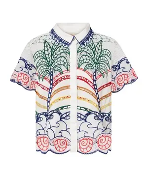 Farm Rio Broderie Anglaise Cotton Shirt - White, Multicolor