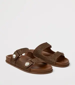 JIMMY CHOO Fayence Raffia Flat Sandals With Monogram Buckles