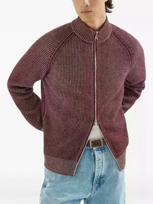 Brunello Cucinelli Cashmere Vanisé English Rib High-neck Zipper Cardigan - Red