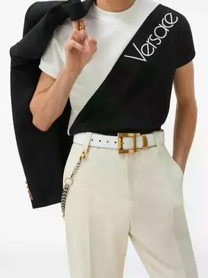 Versace Embroidered-logo Stretch Cotton-jersey Slim T-shirt - Black
