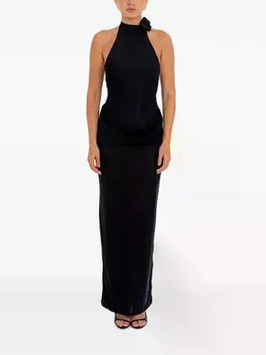 MAYGEL CORONEL Floral Appliqué Draped Halterneck Gown - Black