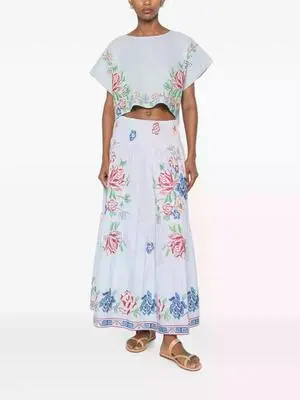 ORSINA Tiered Maxi Skirt With Floral Embroidery - Blue