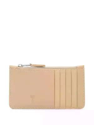 AMI Paris Zipped Cowhide Leather Card Holder With De Coeur - Neutrals