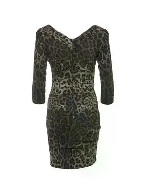 Dolce & Gabbana Leopard Print Ruched V-neck Dress