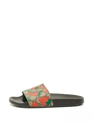 Gucci Gg Supreme Strawberry Motif Slides - Neutrals
