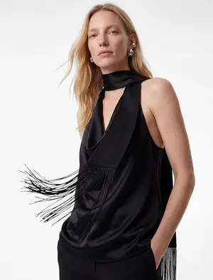 KOTON Satin Halter Top With Fringe Trim - Black