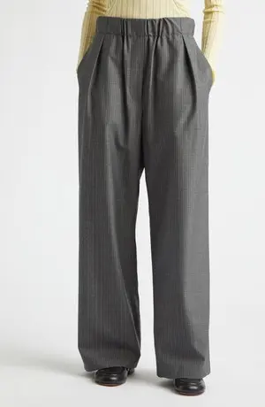 JIL SANDER Pinstriped Pleated Wide Leg Wool Trousers - Koala