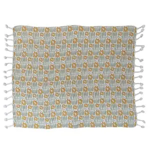 STORIED HOME Soft Woven Reclaimed Cotton Blend Printed Throw With Flowers And Pompom Tassels - Green