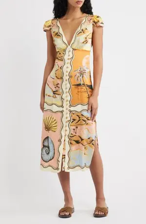 Farm Rio Mixed Scarf Print Voile Dress - Beige