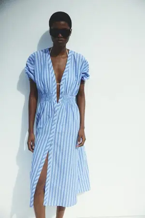 H&M H&M Smocked-Waist Button-Front Striped Midi Dress