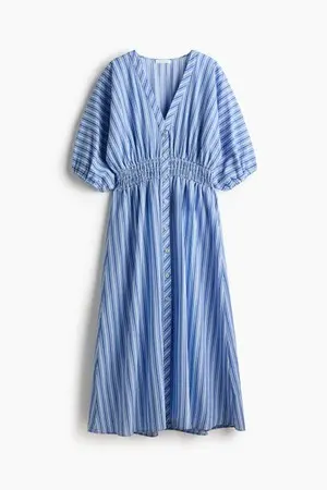 H&m Smocked-waist Button-front Striped Midi Dress