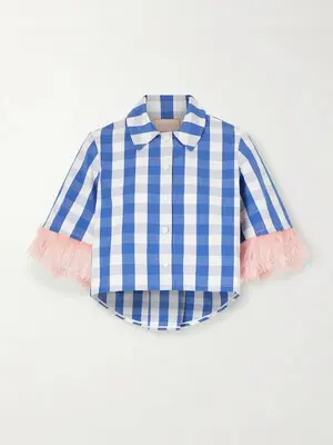 MARTA FERRI Cropped Checked Cotton-blend Blouse With Feather Trim