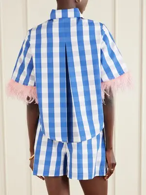 MARTA FERRI Cropped Checked Cotton-blend Blouse With Feather Trim
