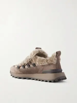 Brunello Cucinelli Bead-embellished Shearling-trimmed Suede High Top Sneakers