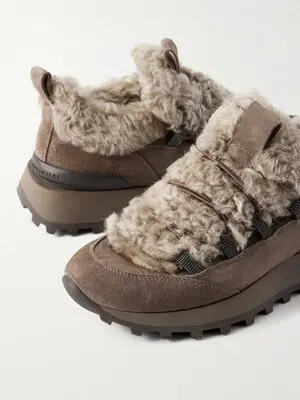 Brunello Cucinelli Bead-embellished Shearling-trimmed Suede High Top Sneakers