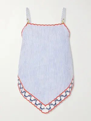 Farm Rio Embroidered Striped Linen Coverup - Blue