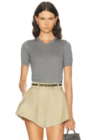 Renggli Renggli Silk Cashmere V-neck Knit Tee In Cream Pebble