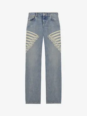 Alexander McQueen Metallic Frogging Straight Leg Jeans - Washed Blue