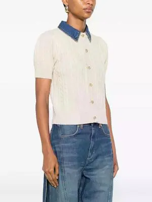 Sandro Cable Knit Cardigan With Denim Collar