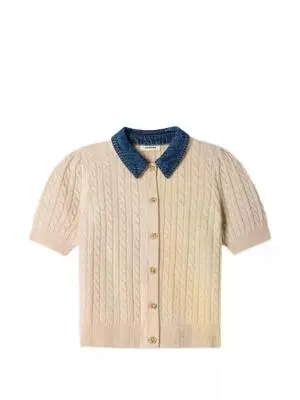 Sandro Cable Knit Cardigan With Denim Collar - Neutrals