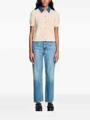 Sandro Cable Knit Cardigan With Denim Collar - Neutrals