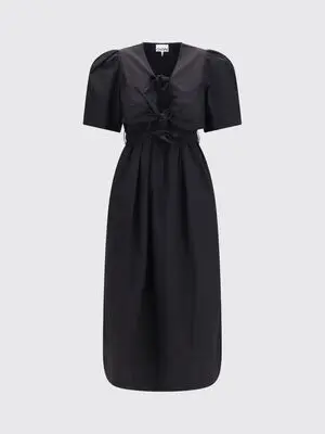 GANNI Stretch Cotton Midi Shirt Dress With Puff Sleeves And V-neck - Black