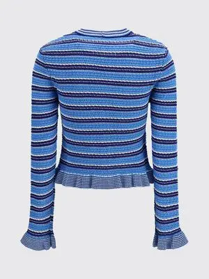 GANNI Striped Cotton V-neck Cardigan With Ruffle Hem - Marine