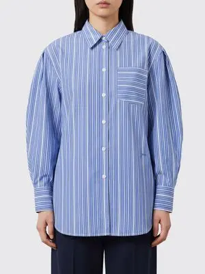 GANNI Striped Cotton Shirt With Puff Sleeves - Navy