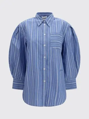 GANNI Striped Cotton Shirt With Balloon Sleeves - Navy