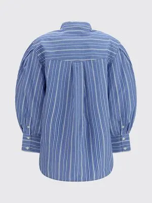 GANNI Striped Cotton Shirt With Balloon Sleeves - Navy