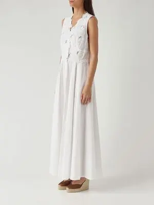 Ermanno Scervino Sleeveless V-neck Cotton Maxi Dress With Macramé Lace Inserts