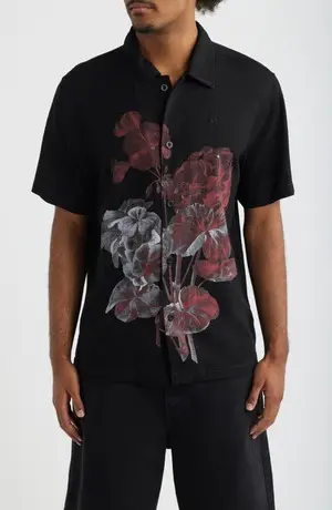 SANTO STUDIO Flower Gradient Short Sleeve Cotton Twill Button-up Shirt - Black