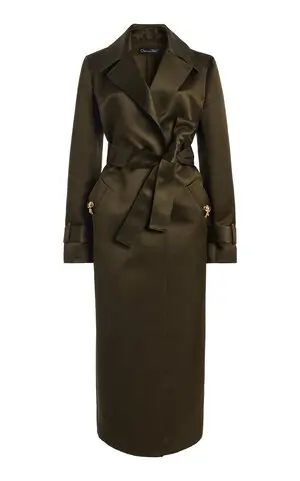 Oscar De La Renta Long-sleeve Silk-satin Gabardine Coat - Olive