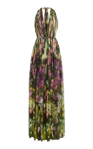 Oscar De La Renta Abstract Landscape Pleated Chiffon Gown