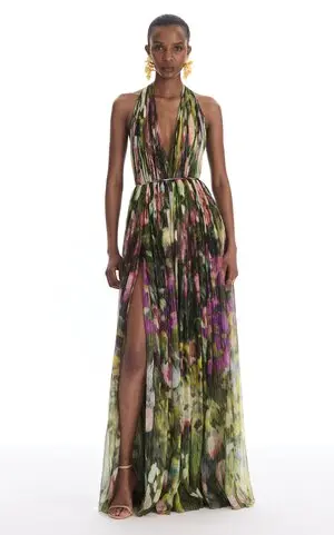 Oscar De La Renta Abstract Landscape Pleated Chiffon Gown