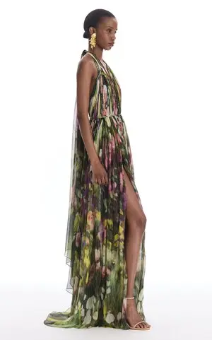 Oscar De La Renta Abstract Landscape Pleated Chiffon Gown