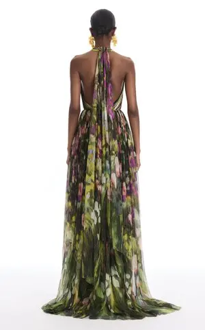 Oscar De La Renta Abstract Landscape Pleated Chiffon Gown
