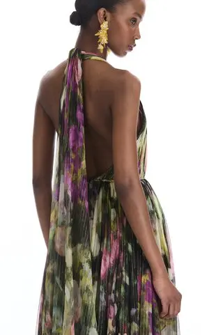 Oscar De La Renta Abstract Landscape Pleated Chiffon Gown
