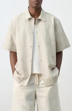 Mango Embroidered Short Sleeve Button-up Shirt - Sand